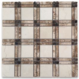 Crema Marfil Marble Plaid Tartan Mosaic Tile w/ Emperador Brown ...
