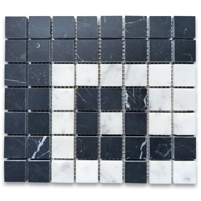 Carrara White Marble 7x8 Greek Key Mosaic Corner Tile w/ Nero Marquina Black Honed - Marble Online