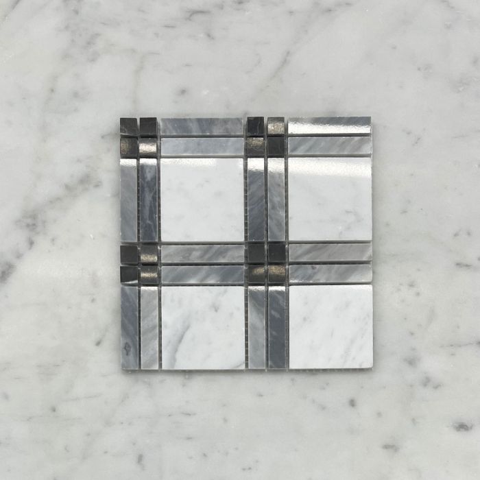 (Sample) Carrara White Marble Plaid Tartan Mosaic Tile w/ Bardiglio ...