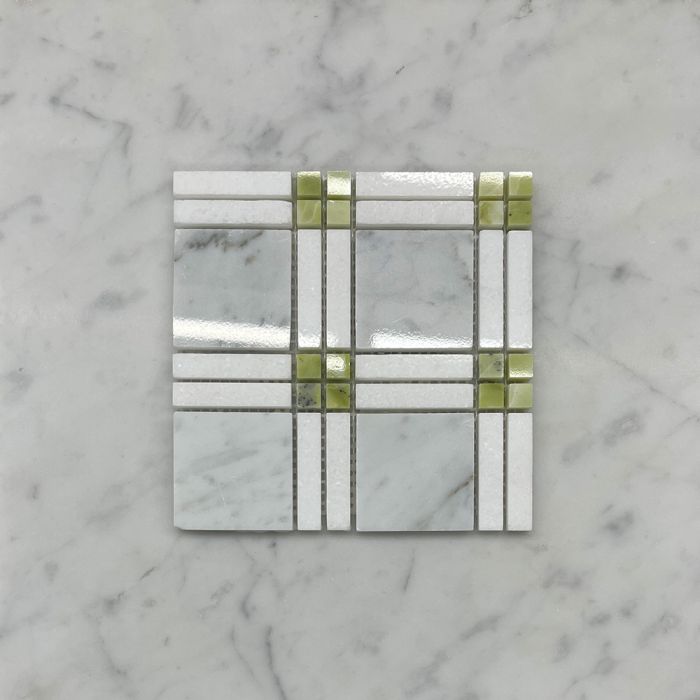 (Sample) Carrara White Marble Plaid Tartan Mosaic Tile w/ Green Jade ...
