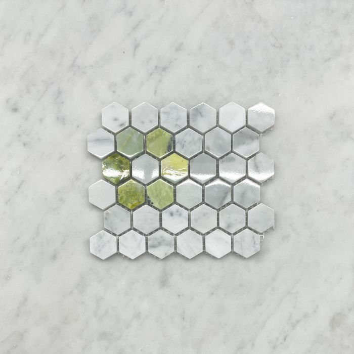(Sample) Carrara White Marble 1 inch Hexagon Rosette Mosaic Tile w/ Green Jade Polished
