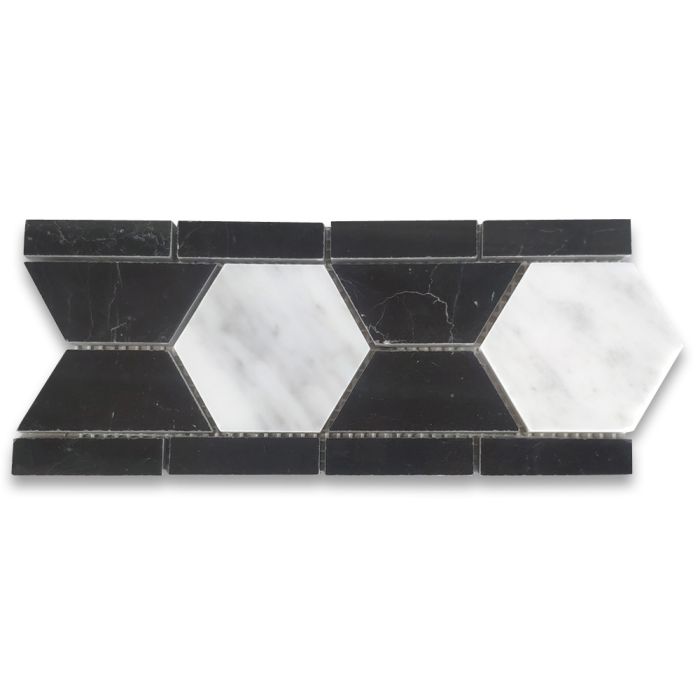 Carrara White Marble 3 inch Hexagon Mosaic Border Listello Tile Black ...