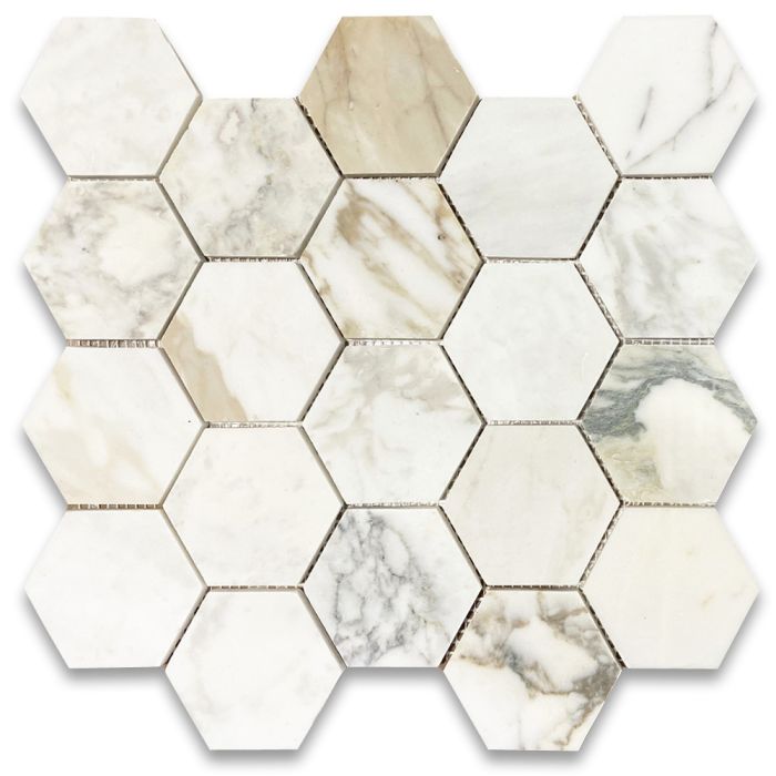 Calacatta Gold Marble 3 inch Hexagon Mosaic Tile Honed
