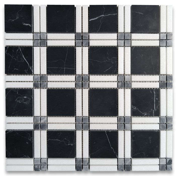 Nero Marquina Black Marble Plaid Tartan Mosaic Tile w/ Bardiglio Gray ...