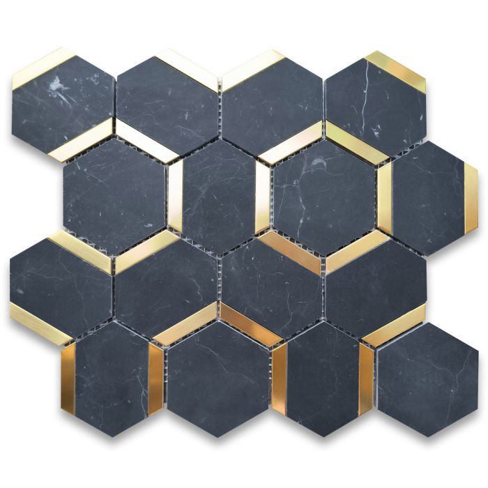 Nero Marquina Black Marble 3 inch Hexagon Mosaic Tile w/ Brass Strips ...