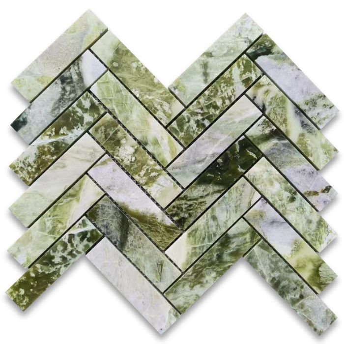 Sagano Vibrant Green Marble 1x4 Herringbone Mosaic Tile Honed - Marble ...