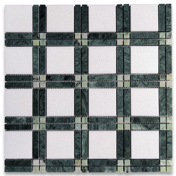 Thassos White Carrara White Marble Plaid Tartan Mosaic Tile w/ Indian ...