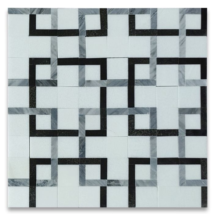 Thassos White Marble Square Mosaic Tile w/ Geometric Interconnected ...
