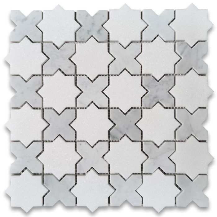Thassos White Marble 2 inch Cross Star Mosaic Tile w/ Carrara White ...